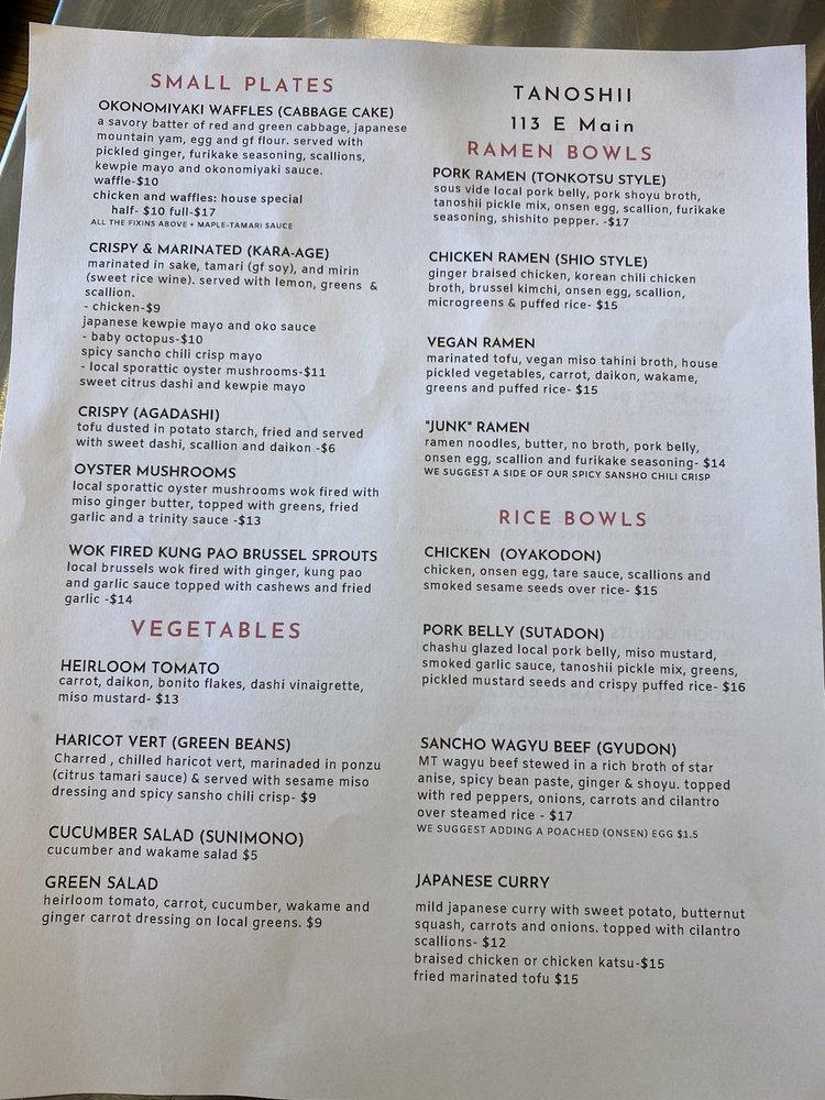 Carta del restaurante Tanoshii, Bozeman