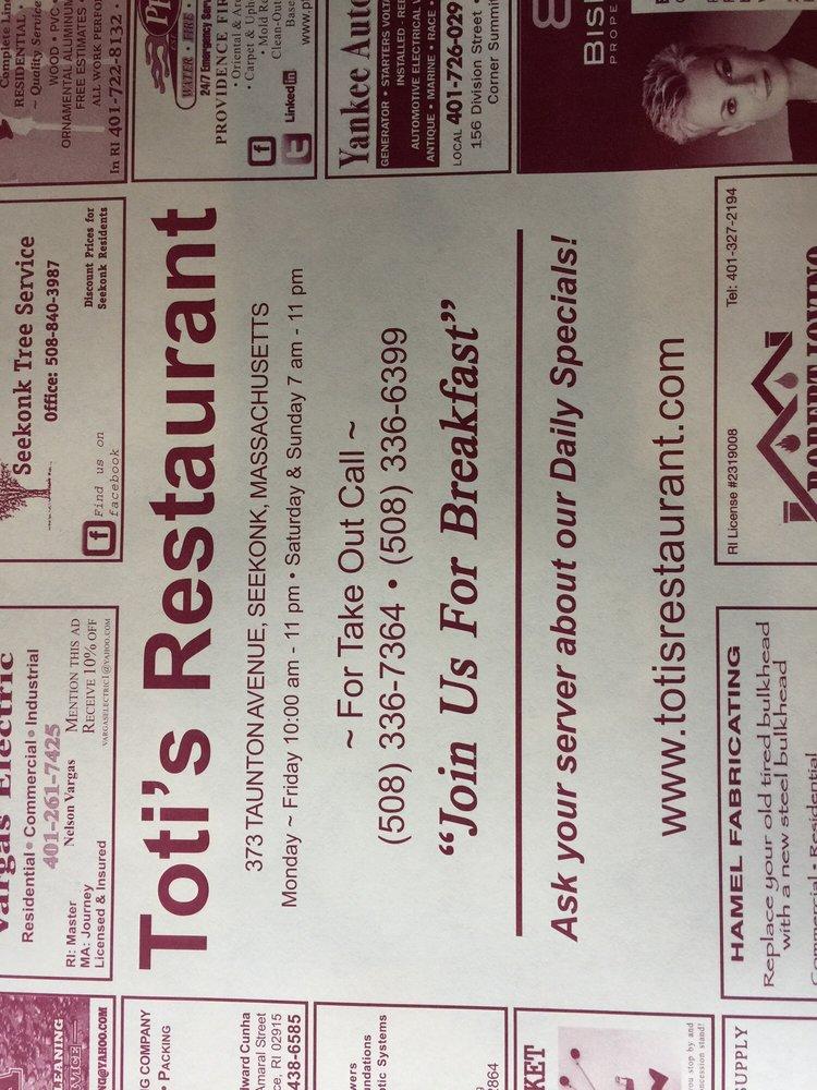 Menu at Toti's Restaurant & Pizzeria, Seekonk