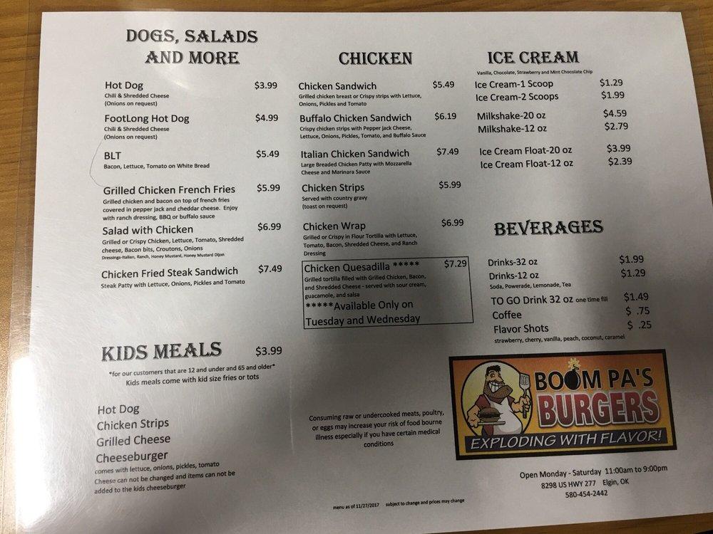 Menu at Boompa's Burgers fast food, Elgin