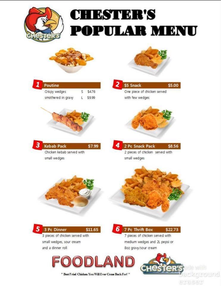 Menu at Foodland Chester Fried Chicken restaurant, North Battleford