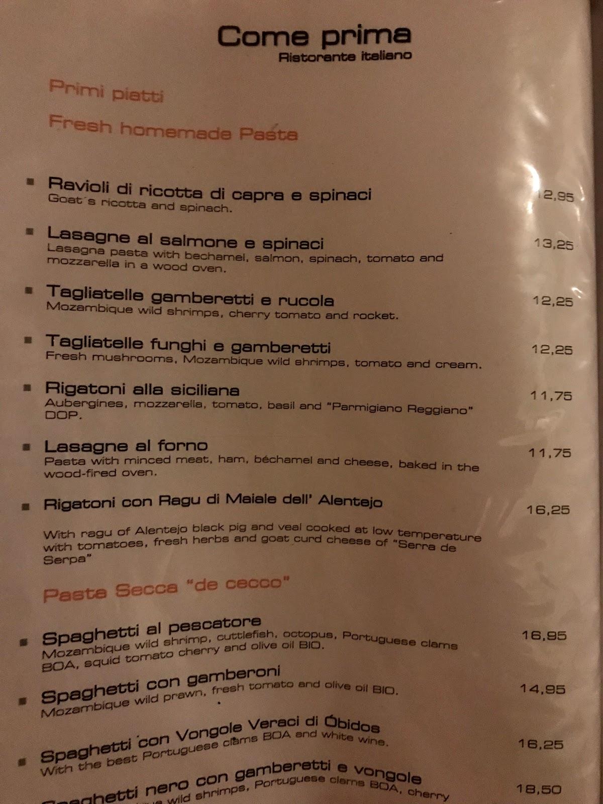 Menu at Restaurante Come Prima, Lisbon