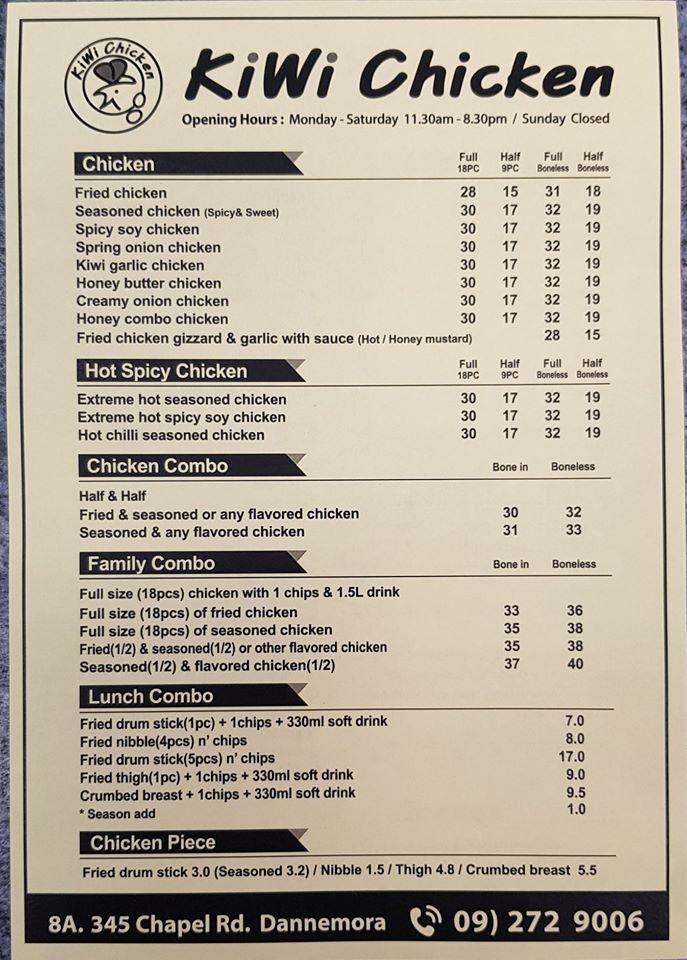 Menu at Kiwi Chicken East Tamaki restaurant, Auckland, 345 Chapel Rd
