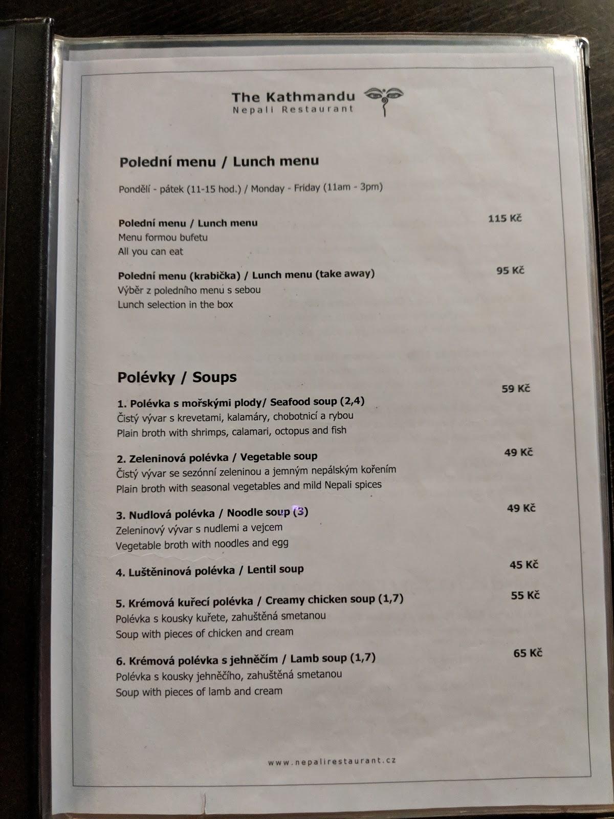 Menu at The Kathmandu Nepali Restaurant, Olomouc