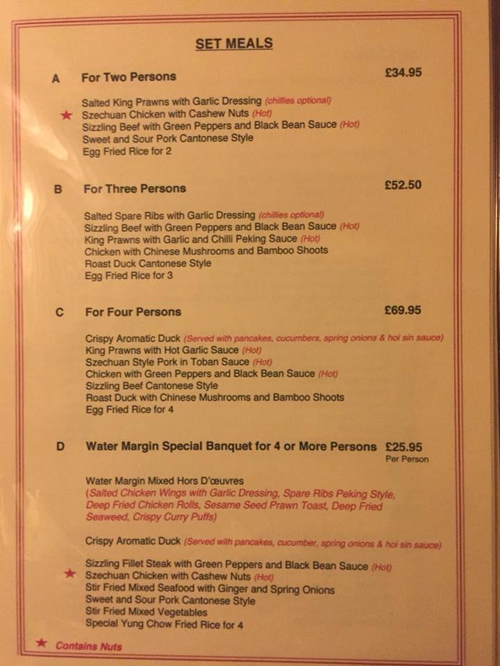 Menu at The Water Margin restaurant, Witney