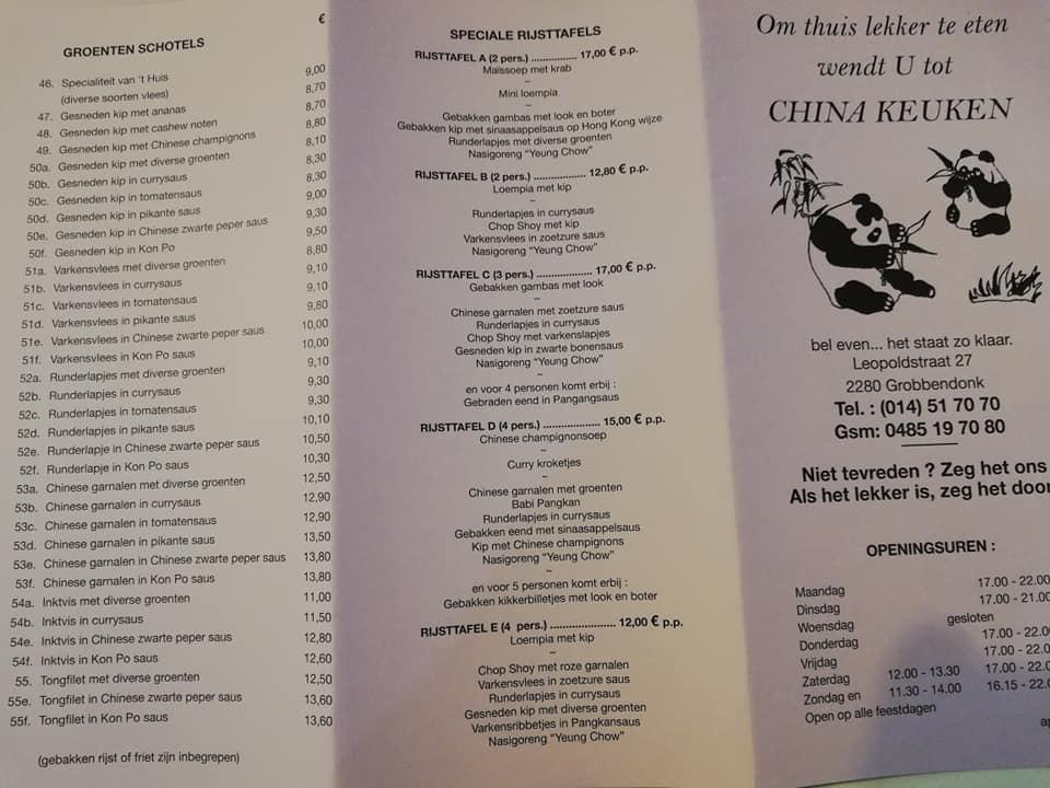 Menu at China keuken, Grobbendonk