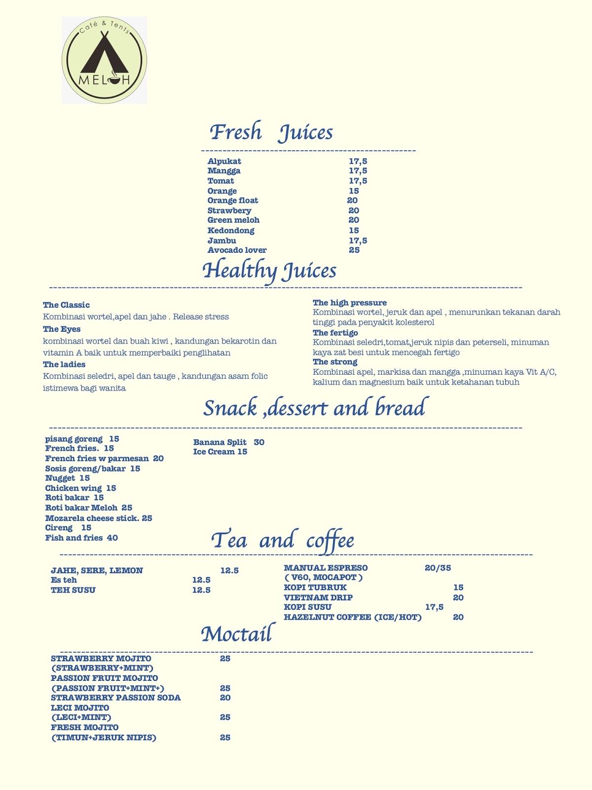Menu at Meloh Cafe & Tent, Lembang