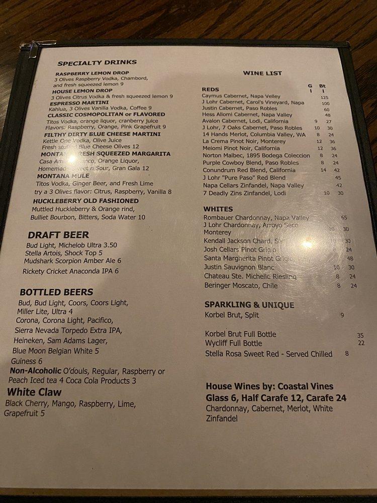Menu at Montana's steakhouse, Lake Havasu City