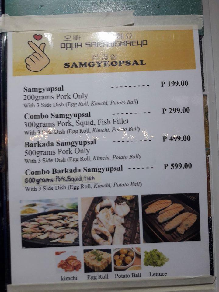 Menu at Oppa Saranghaeyo Samgyupsal restaurant, Meycauayan