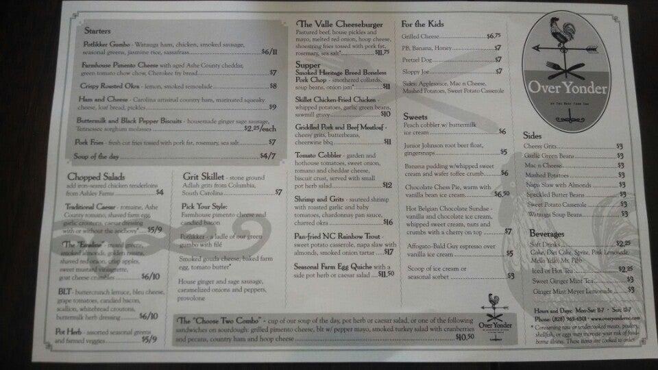 Menu at Over Yonder Restaurant, Valle Crucis, NC-194