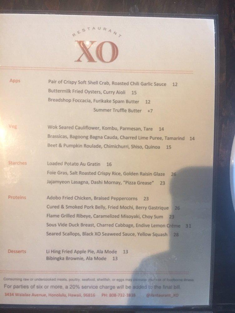 Menu at Restaurant XO, Honolulu