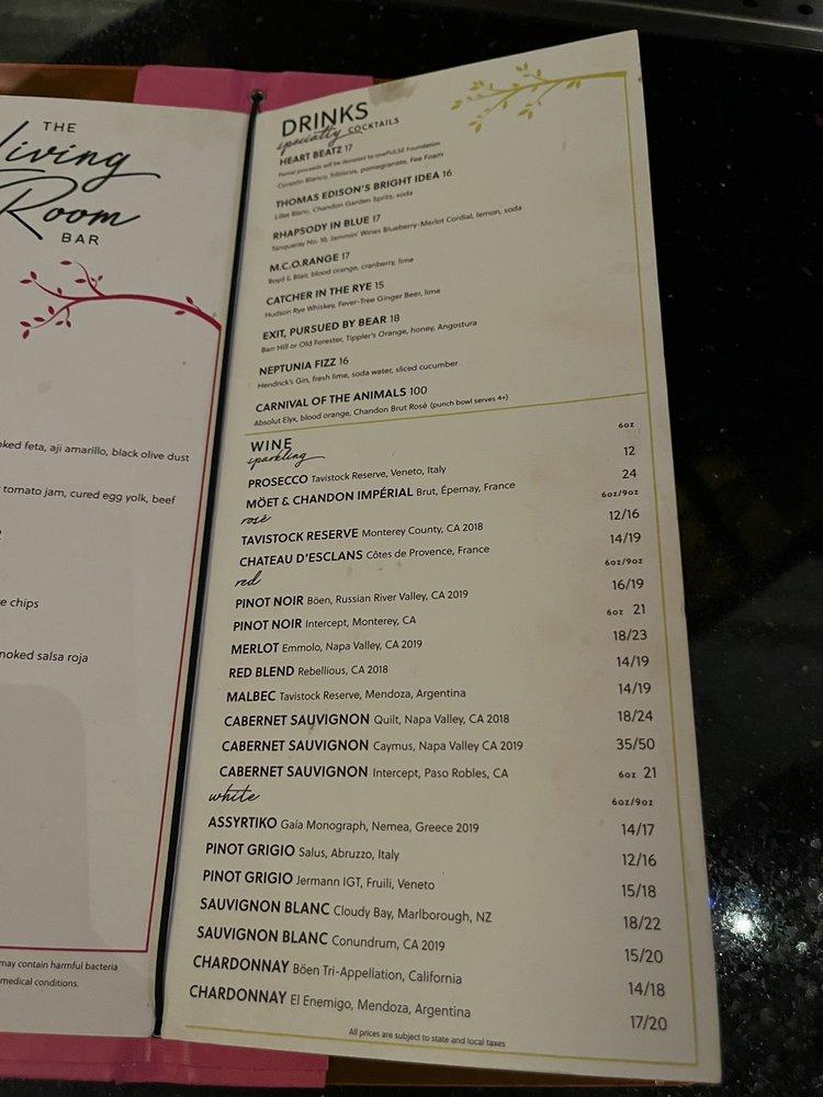 Menu at The Living Room Bar, Orlando