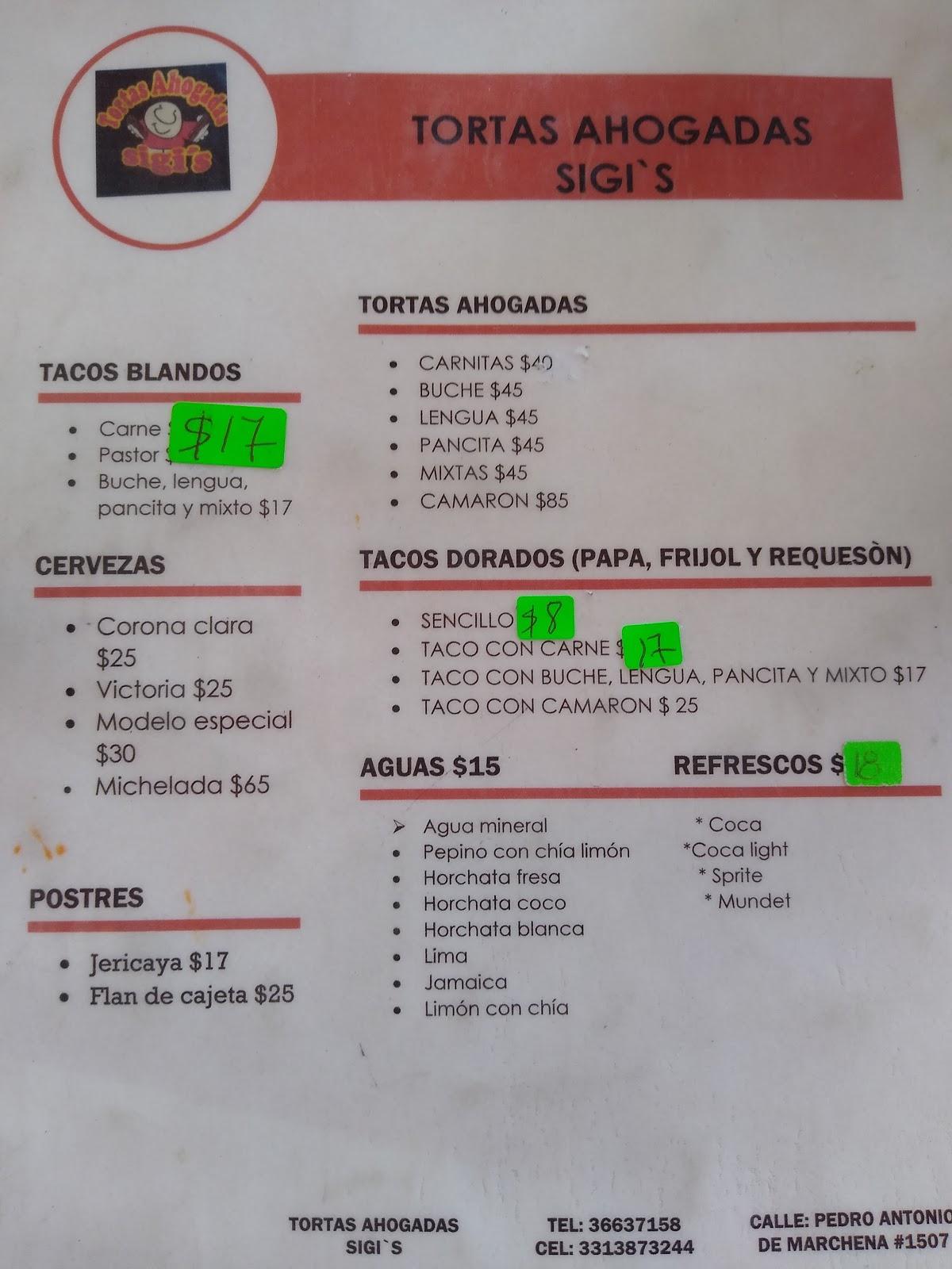 Carta del restaurante Tortas Ahogadas "Sigis", Guadalajara