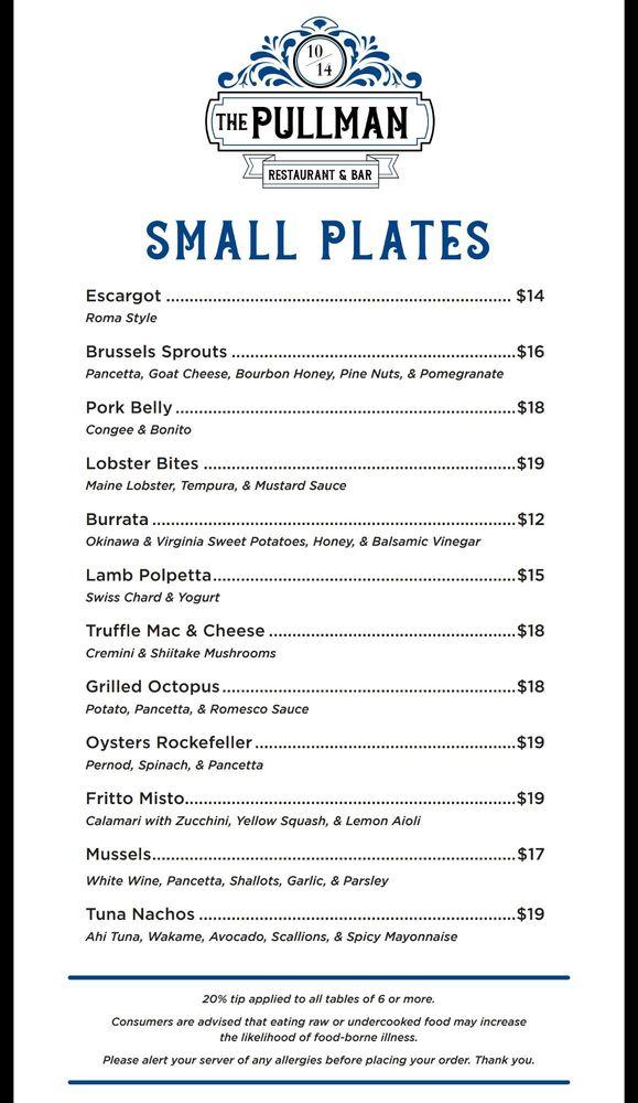 Carta de The Pullman Restaurant and Bar, Bryn Mawr