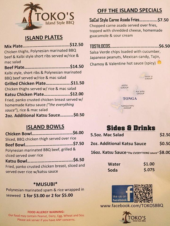 Menu at Toko's Island Style BBQ, Dickinson