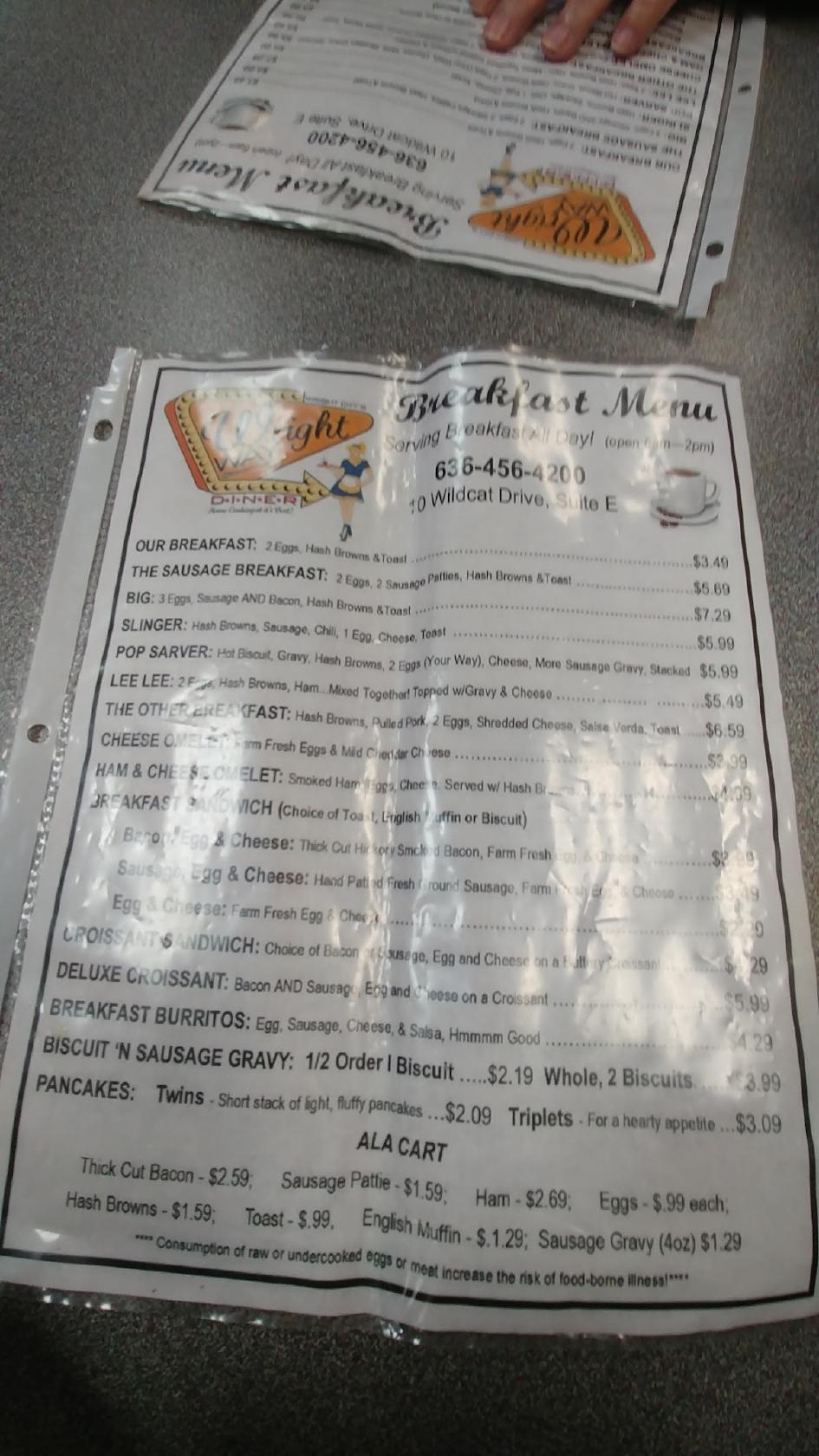Menu at Wright Way Diner restaurant, Wright City, 10 Wildcat Dr