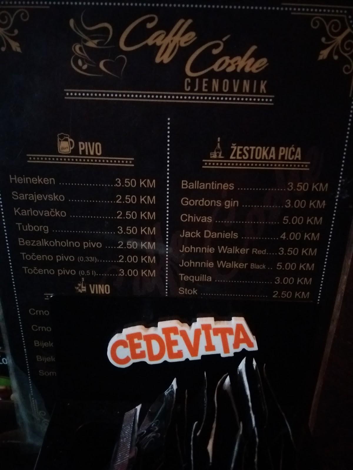 Menu at Ćoshe cafe, Sarajevo