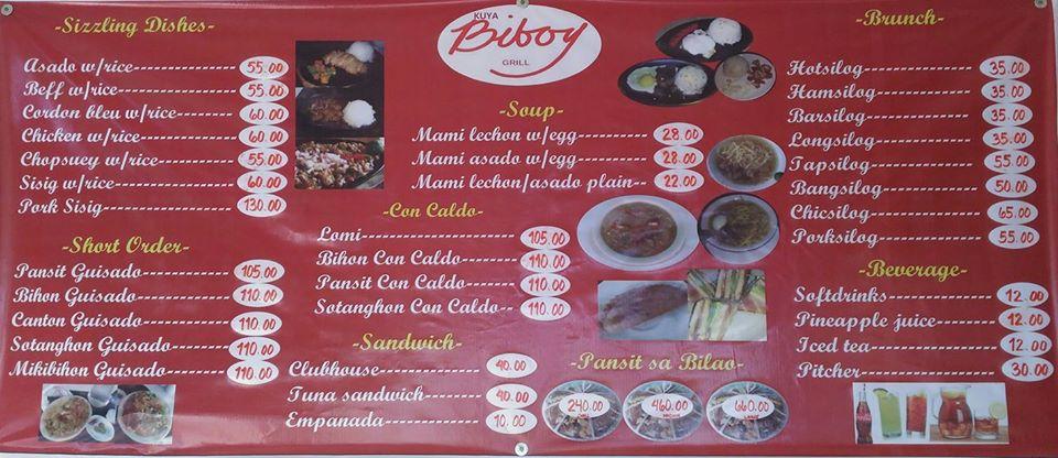 Menu at Kuya Biboy Grill restaurant, San Jose