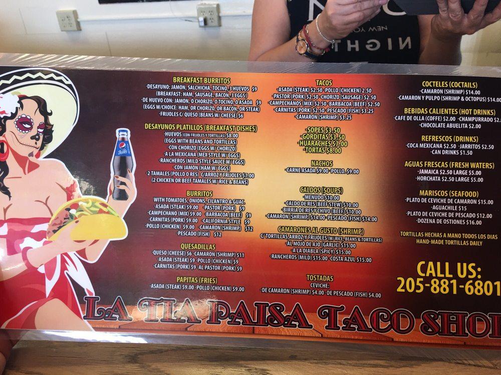 Carta del restaurante La Tia Paisa Taco Shop, Homewood