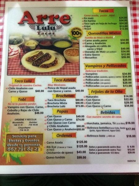 Carta del restaurante Tacos Arre Lulú, Culiacán Rosales