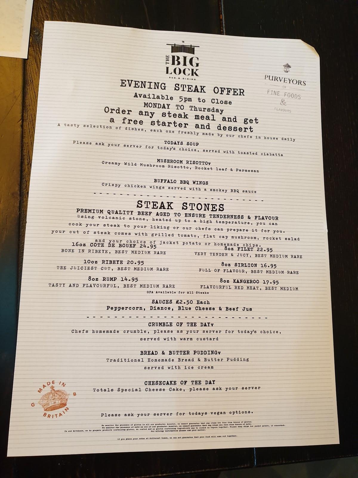 Menu at The Big Lock pub & restaurant, Middlewich