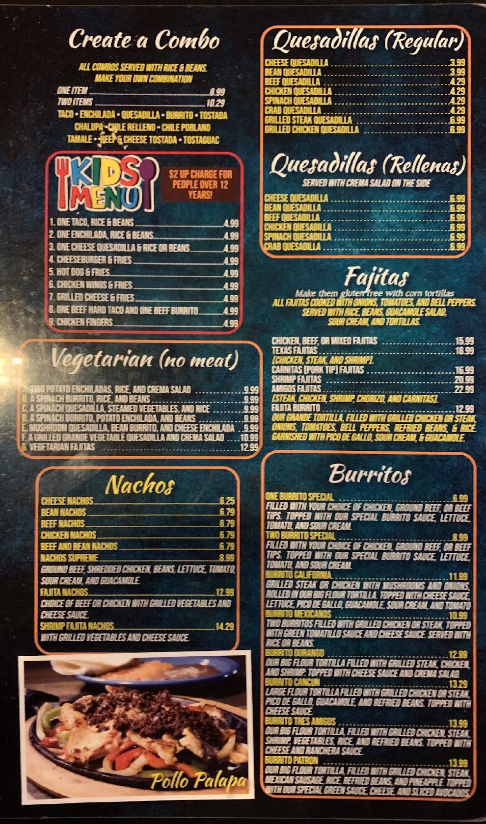 Menu at Tres Amigos Mexican Restaurant, Indiana