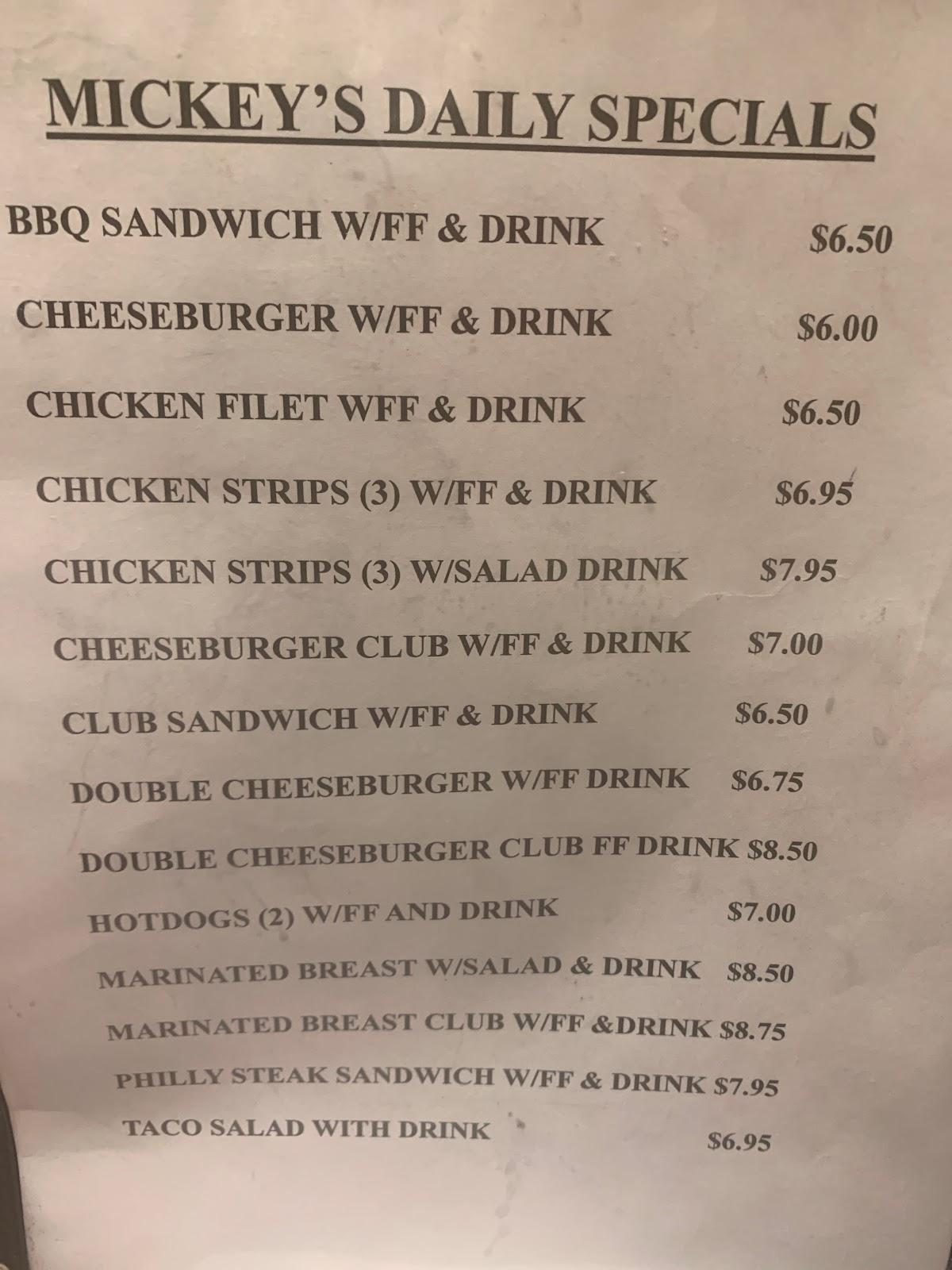 Menu at Mickey's restaurant, Pageland, 114 N Maple St