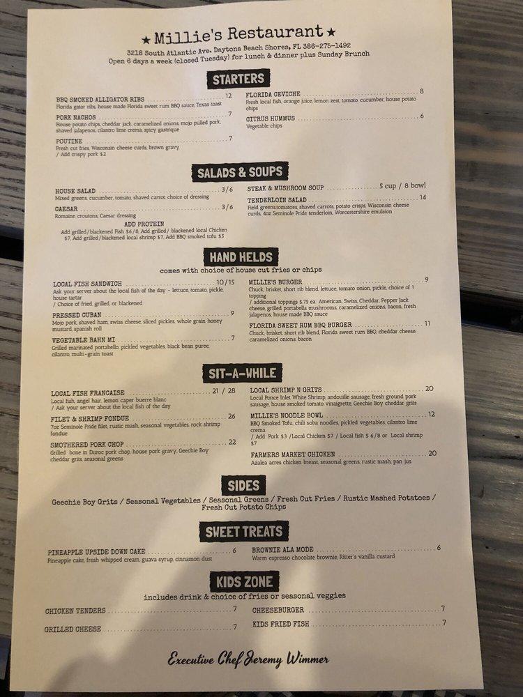Carta de Millie's Restaurant & Catering, Daytona Beach Shores