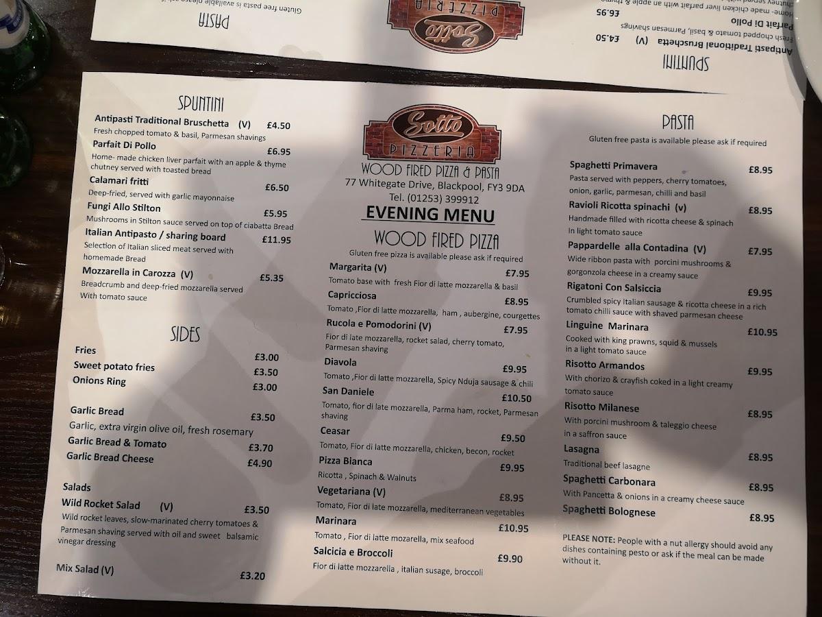 Menu at Sotto Pizzeria Blackpool, Blackpool