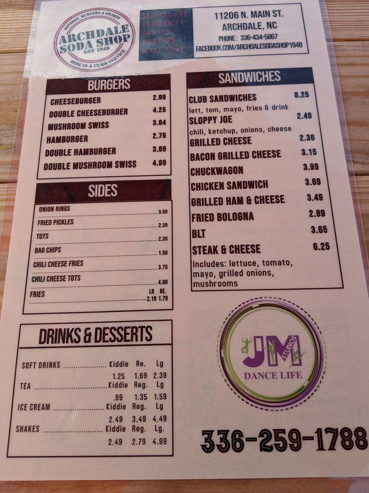 Menu at Archdale Soda Shop restaurant, Archdale