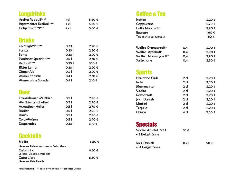 Menu at Bench Lounge restaurant, Munich