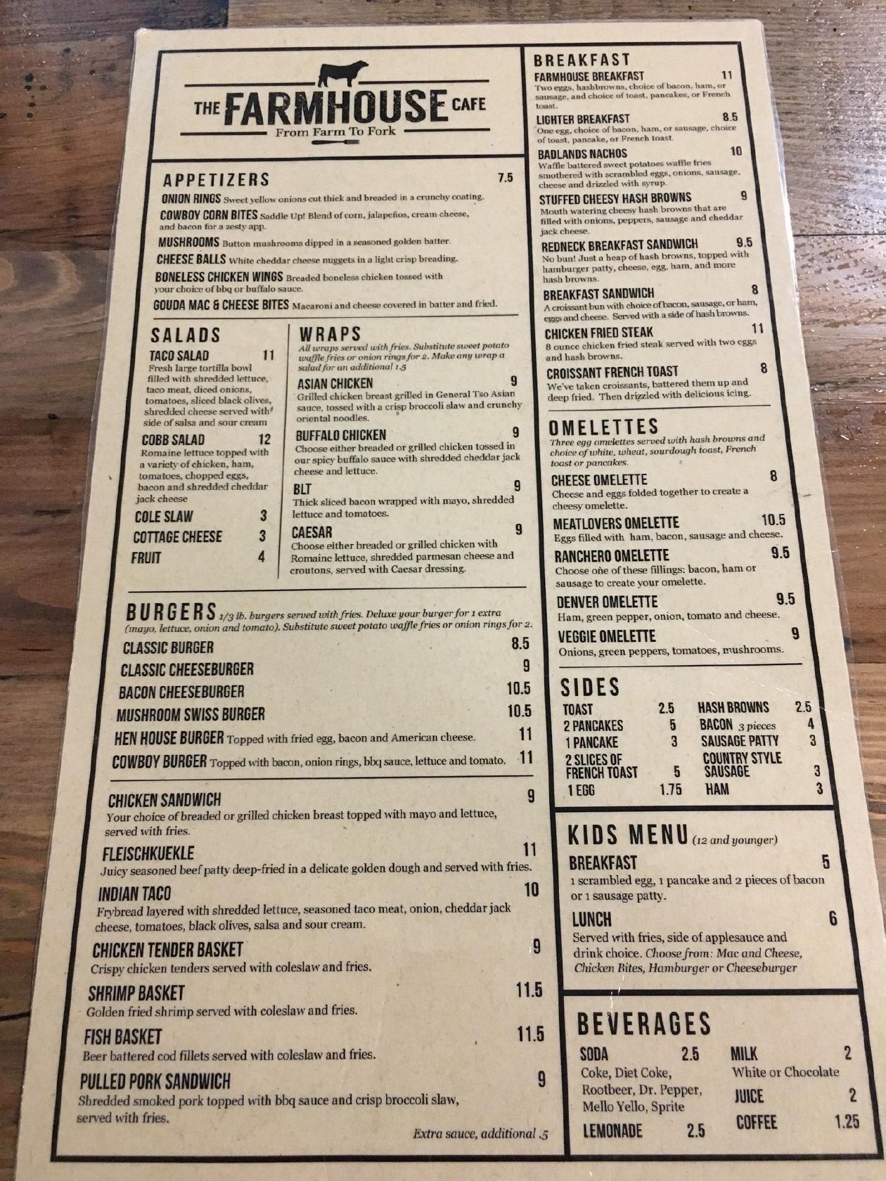 Menu at Farmhouse Cafe, Medora