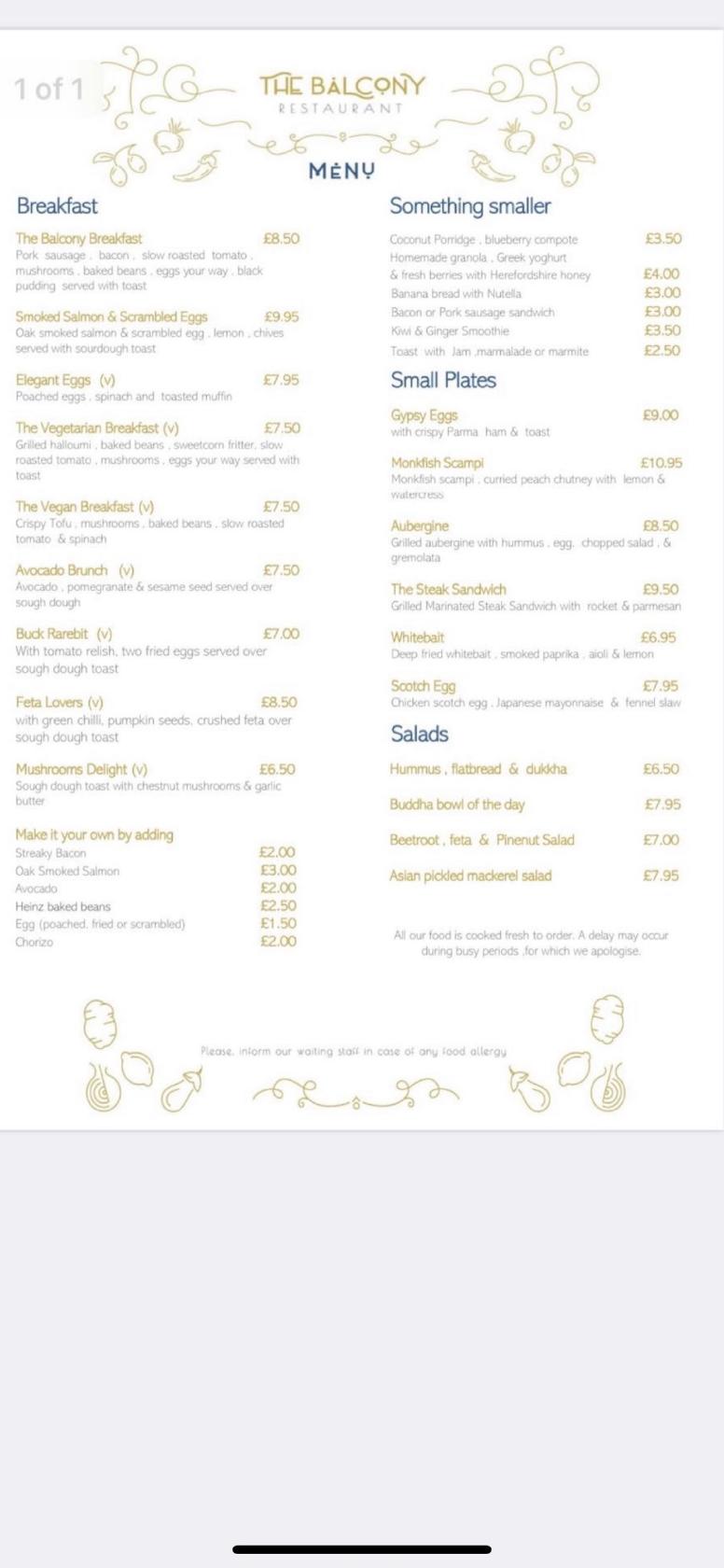 Menu at No.9The Balcony restaurant, Hereford, 8/9 Bewell St