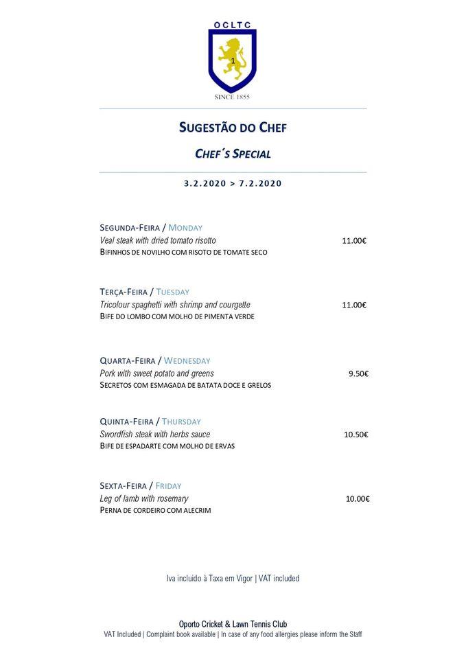 Menu at Oporto Cricket Ocltc club, Porto