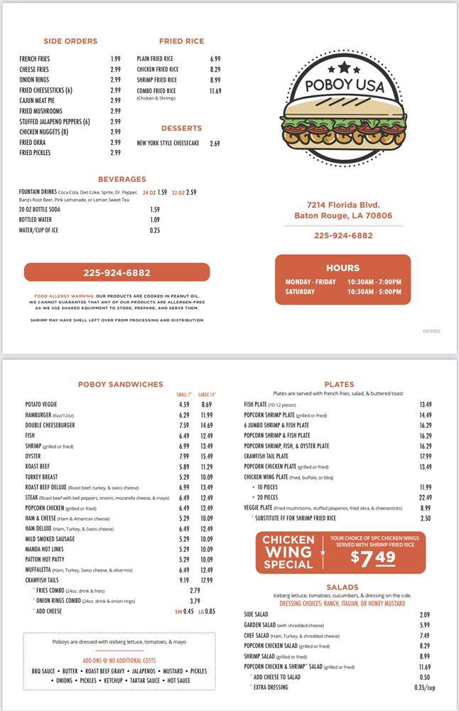 Menu at PoBoy USA restaurant, Baton Rouge, Florida Blvd