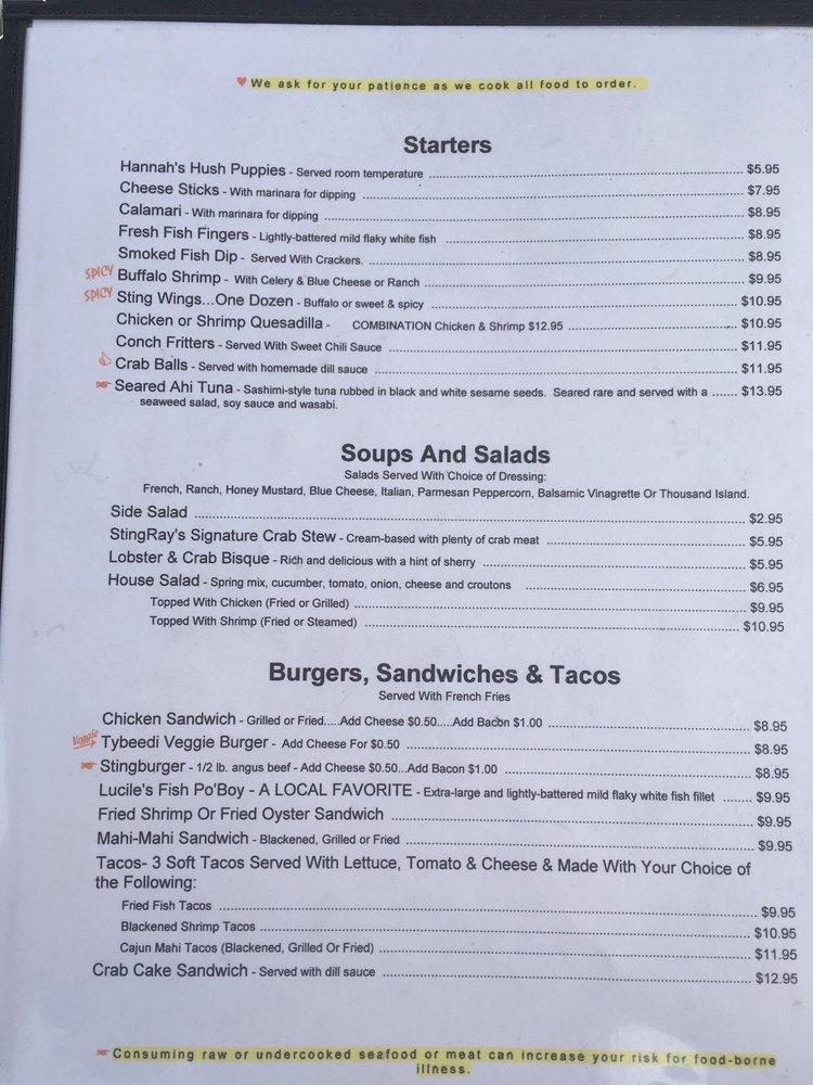 Menu at Sting Ray's Seafood pub & bar, Tybee Island