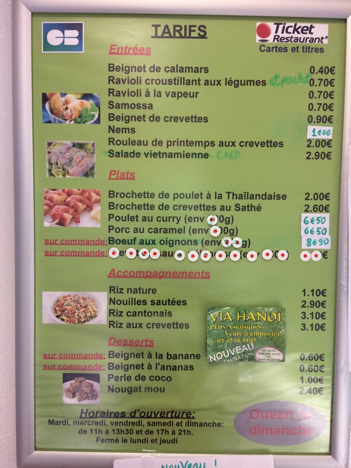 Menu au Via Hanoi restaurant, Château-Renault
