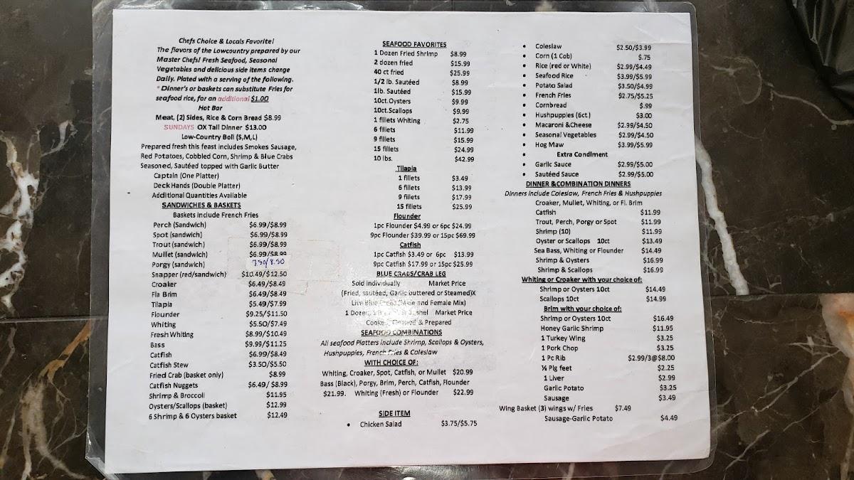 Menu at Williams Seafood restaurant, Walterboro