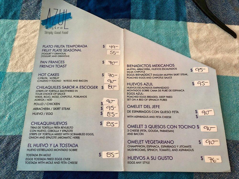 Menu at Azul Bistro restaurant, Puerto Vallarta, Ignacio L. Vallarta 372