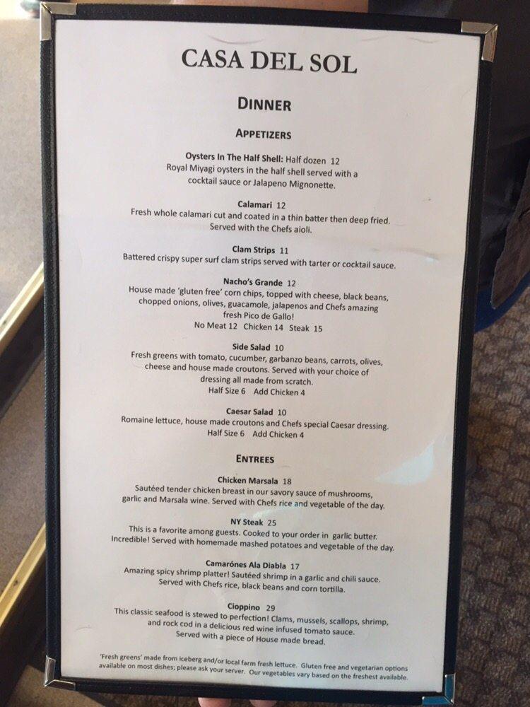 Menu at Casa Del Sol restaurant, Fort Bragg