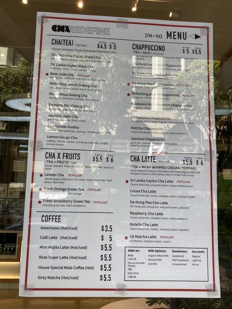 Menu at Cha Redefine, Los Angeles