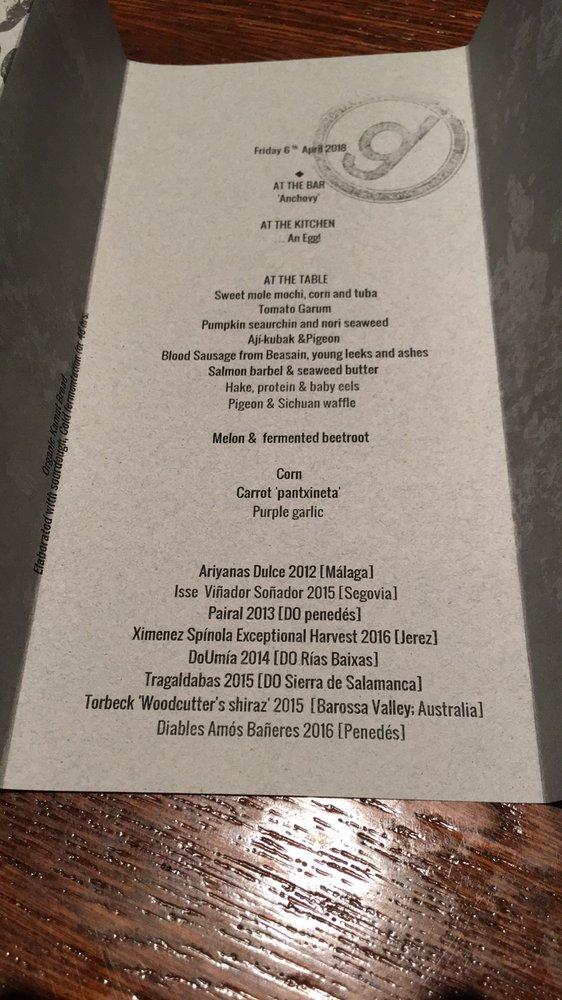 Menu at DSTAgE restaurant, Madrid