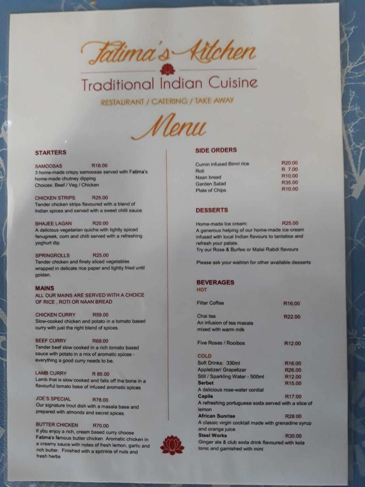 Menu at Fatima's Kitchen restaurant, Dullstroom
