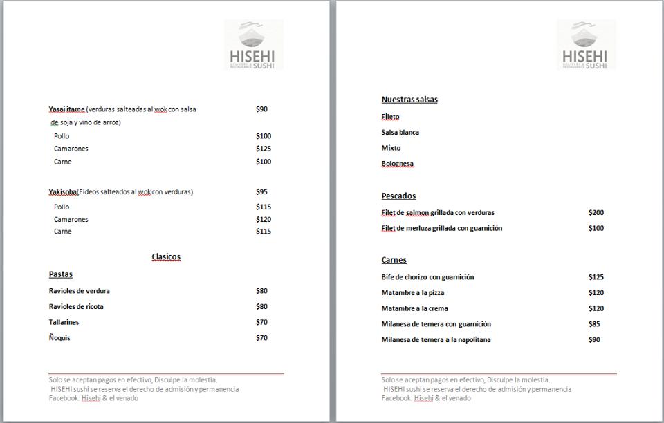 Menu at Hisehi & El venado restaurant, Canning