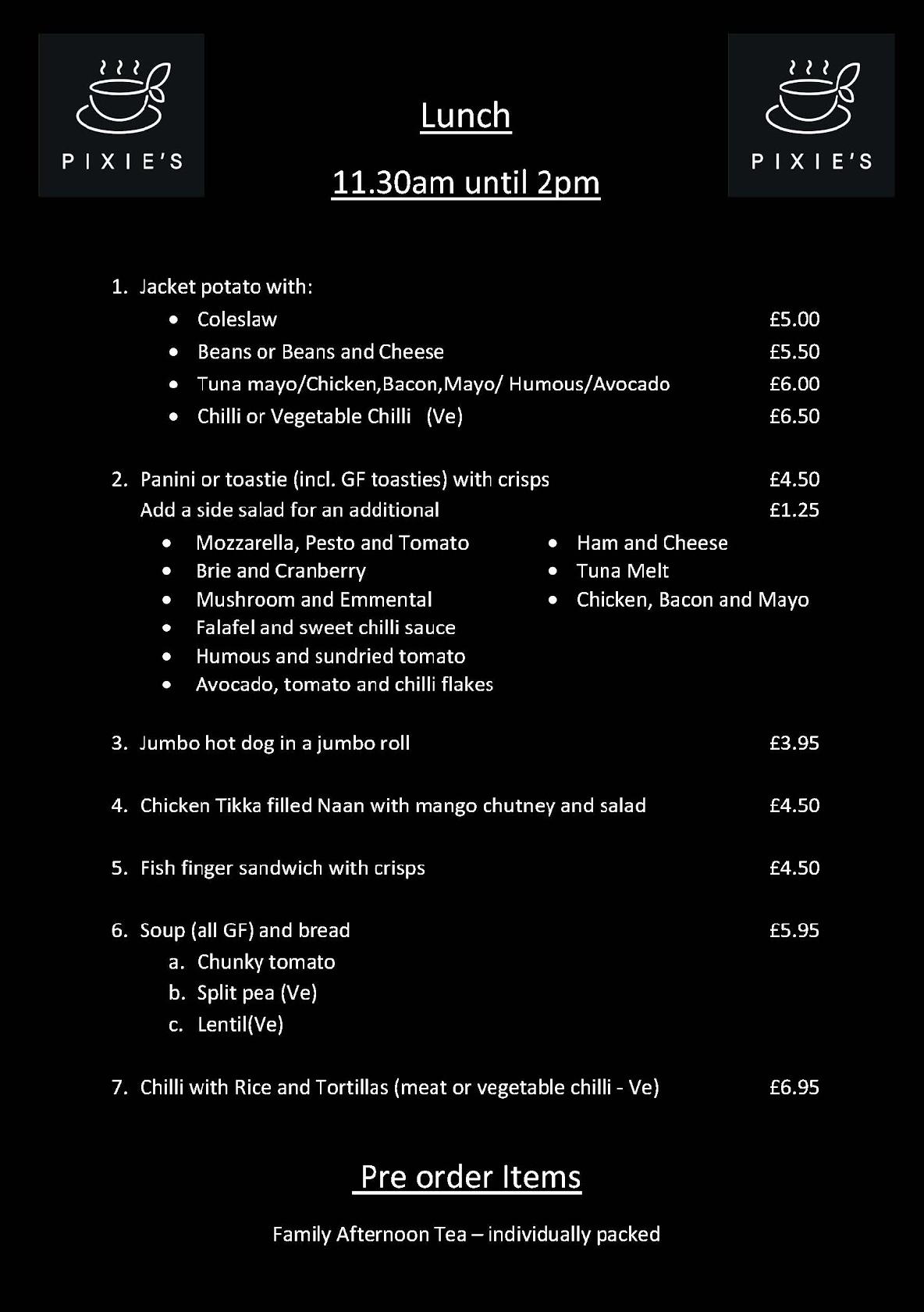 Menu at Pixie’s cafe, Baldock