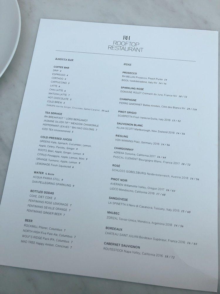 Menu at RH Rooftop Restaurant Columbus, Columbus