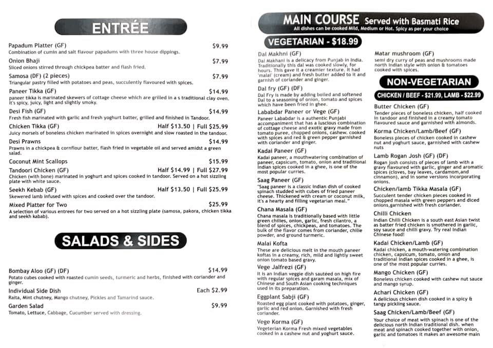 Menu at The Address Indian Kitchen Omokoroa restaurant, Omokoroa