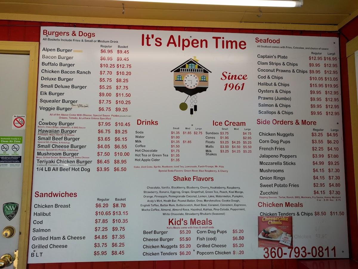 Menu at Alpen Drive-In restaurant, Sultan