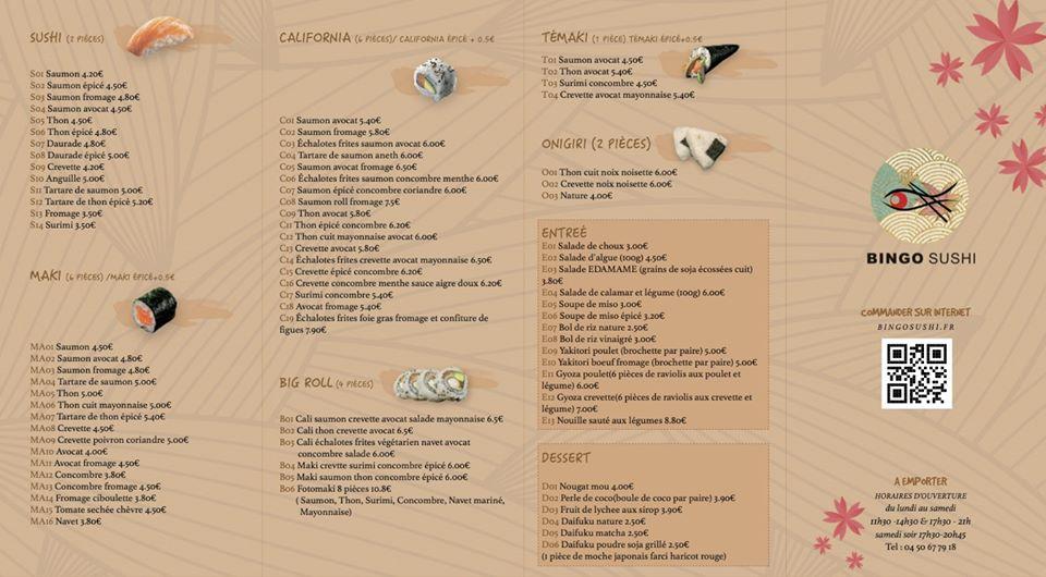 Menu at Bingo Sushi restaurant, Annecy