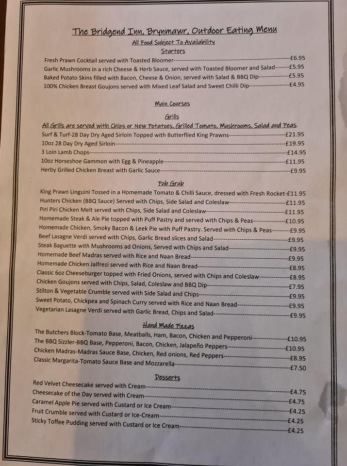Menu at Bridgend Inn pub & bar, Ebbw Vale