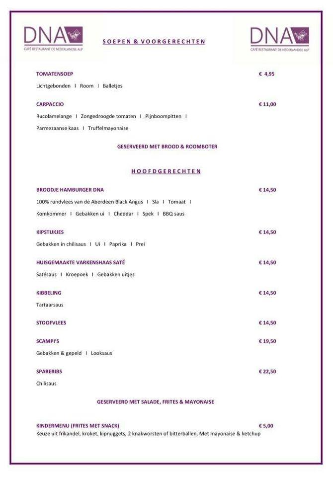 Menu au Brasserie DNA, Rucphen